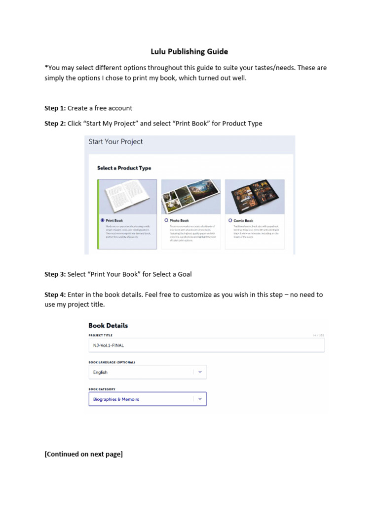 Lulu Book Printing Steps Guide | PDF | Books | Bookbinding