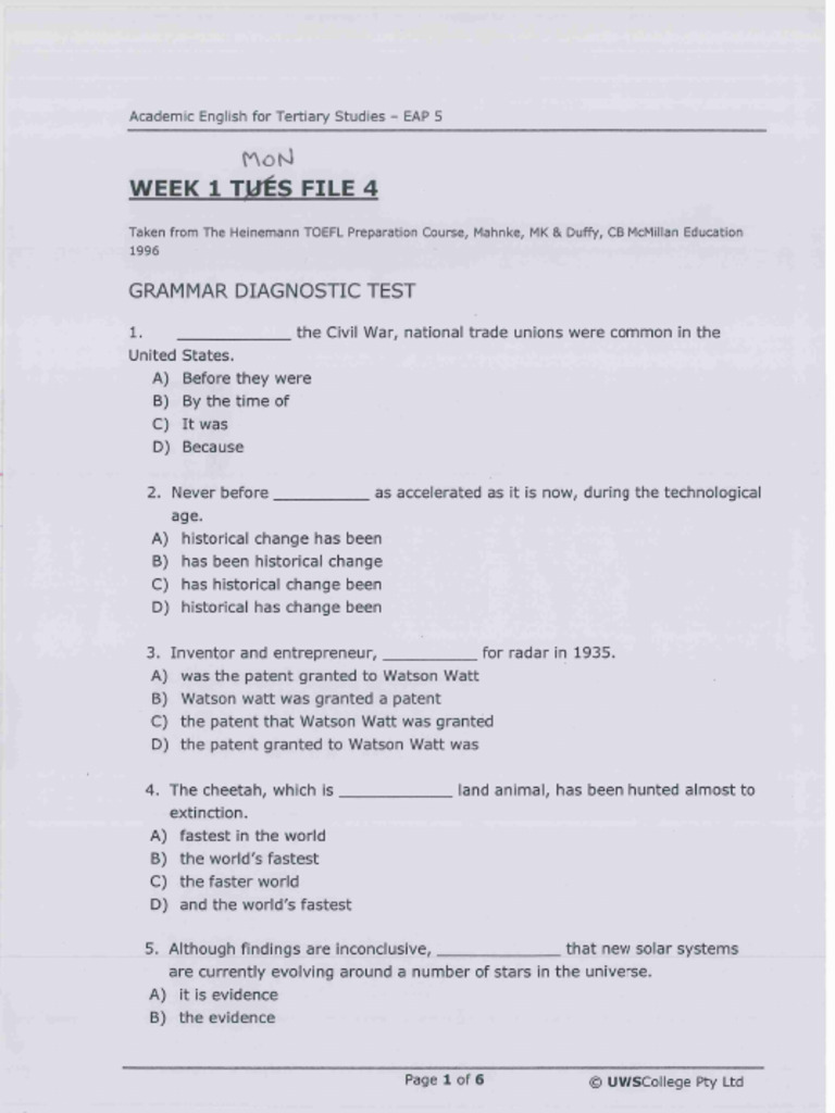 EAP5 Week 1 Mon F4 Grammar Diagnostic Test (Cut) | PDF