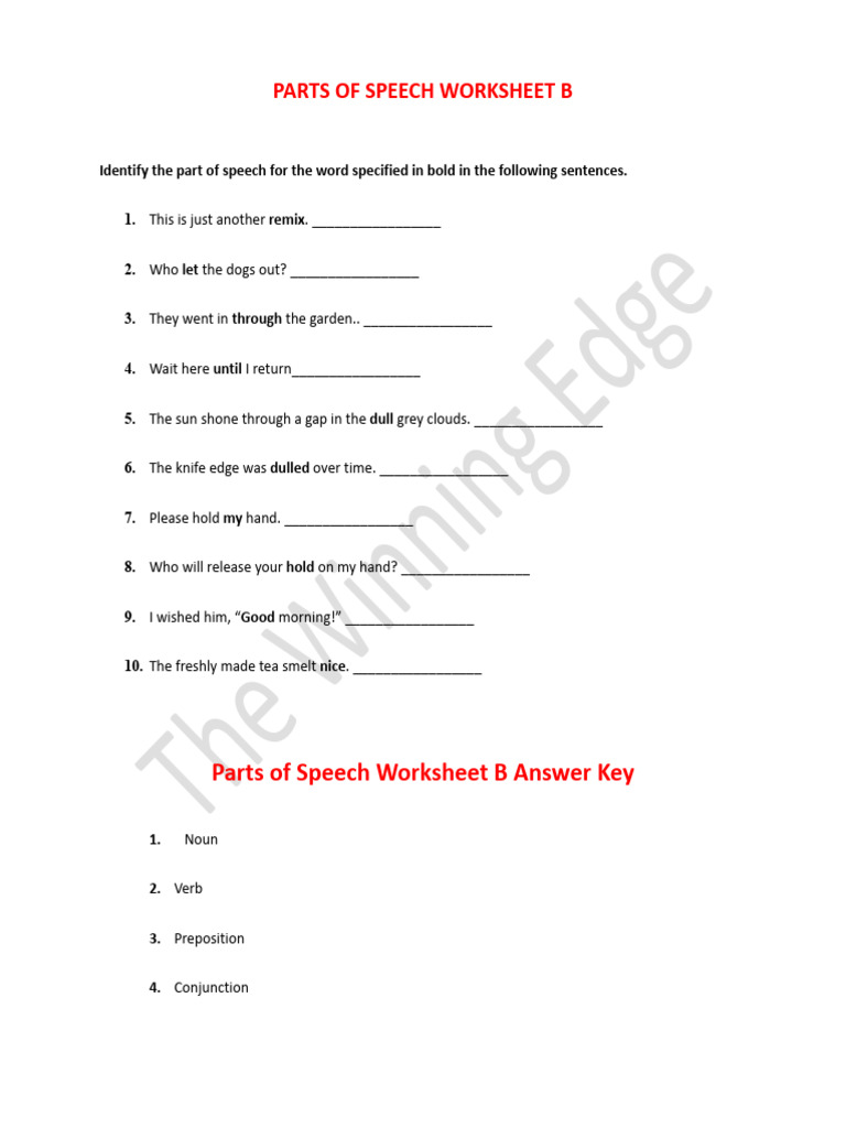 Parts of Speech Identification Worksheet | PDF