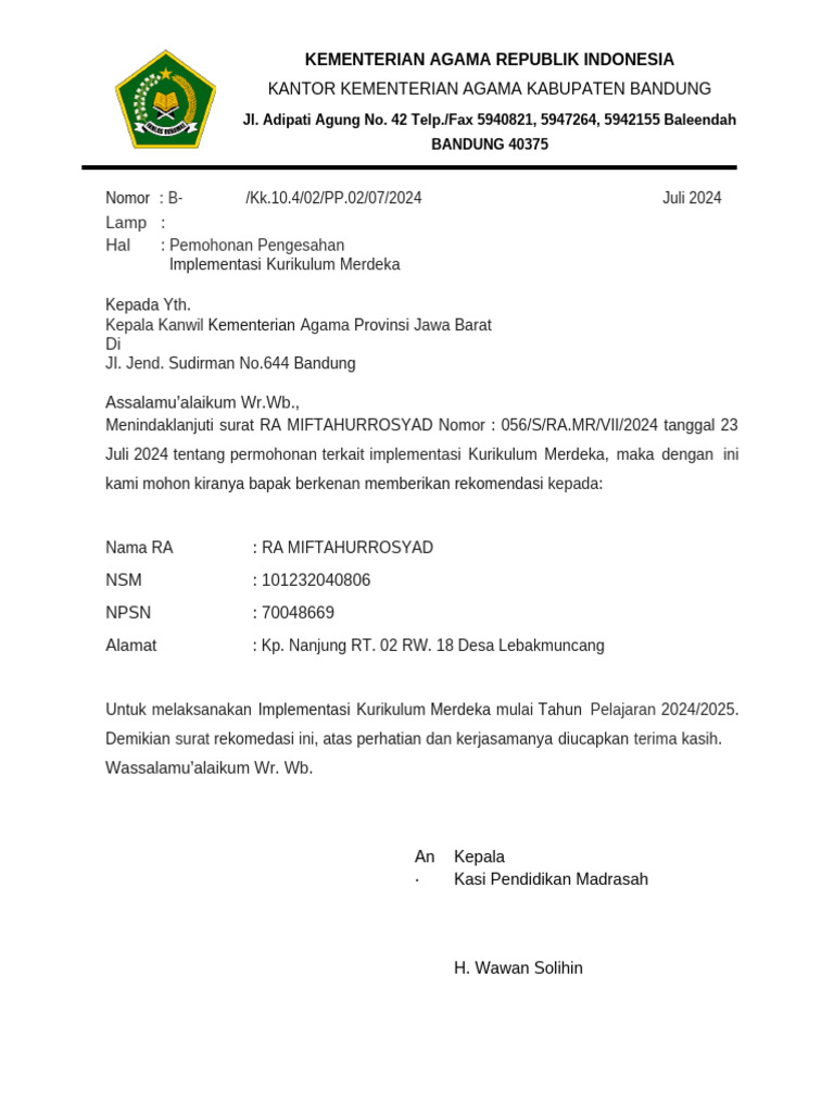 Surat Tawaran Implementasi Kurikulum | PDF