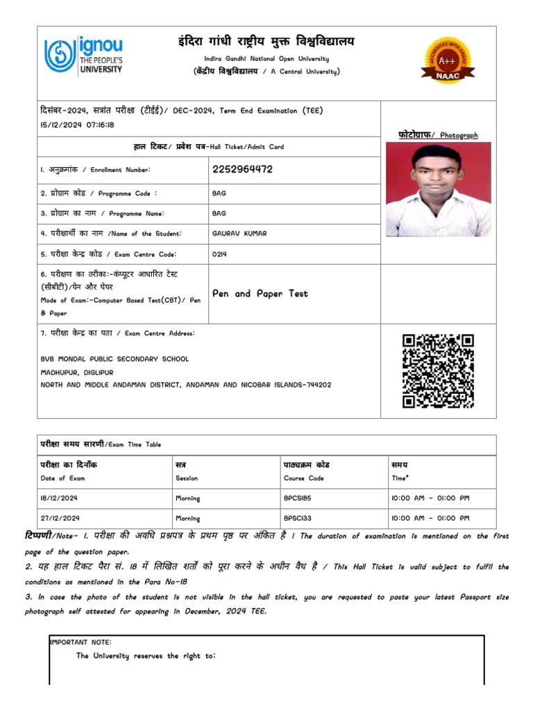 Ignou Dec-2024 - Hall Ticket - Admit Card | PDF