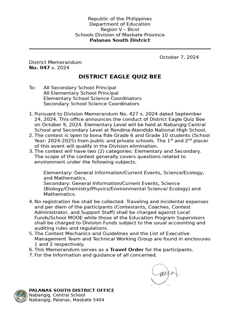 District Quiz Bee Memorandum | PDF