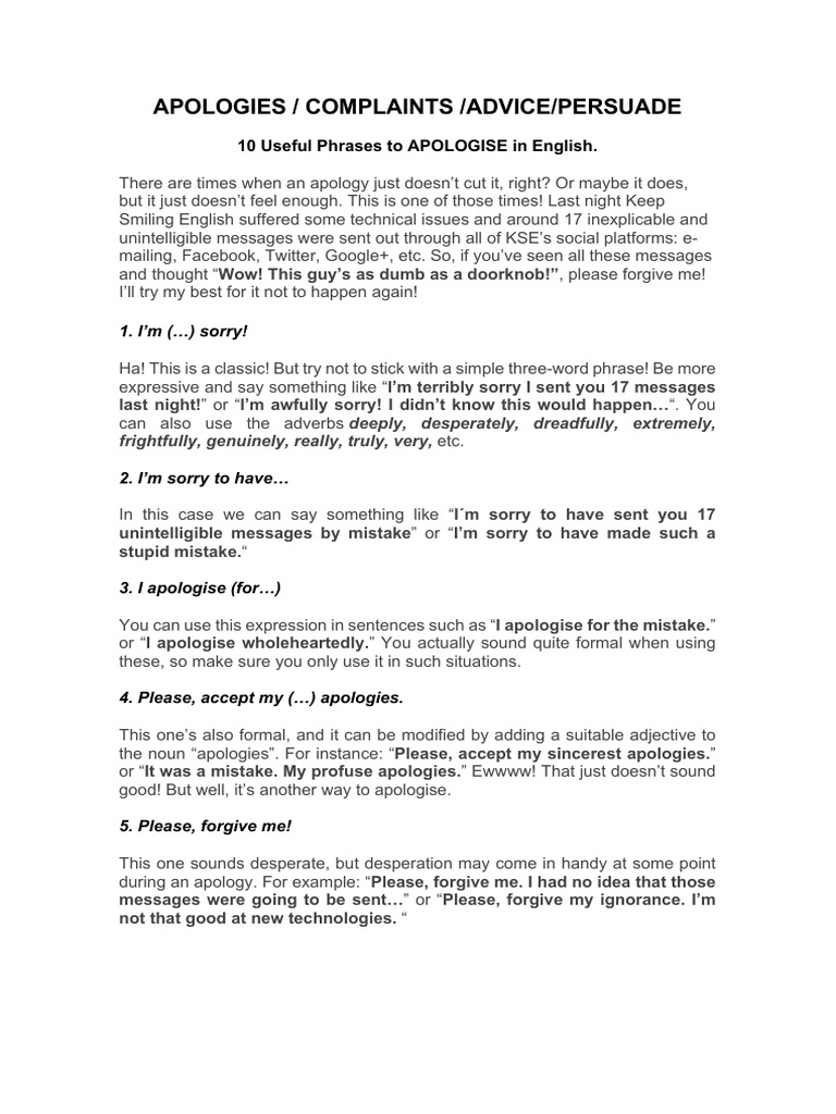 Apologies Complaints Advice | PDF | Grammar | Syntax