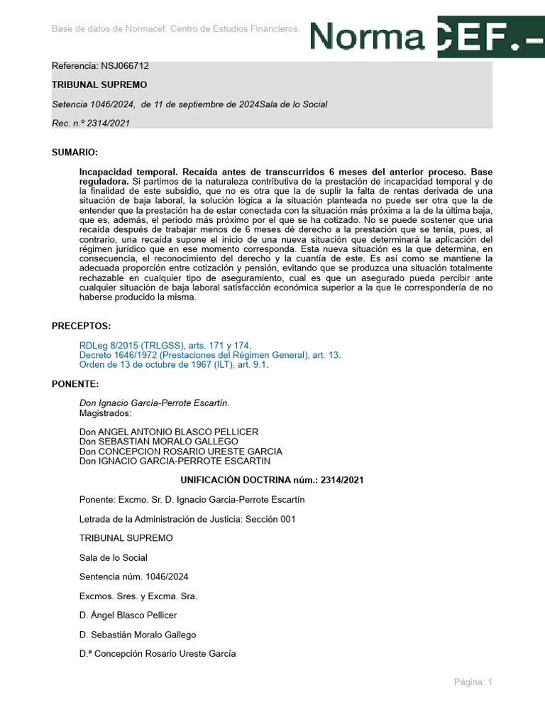 Setencia 1046/2024, de 11 de Septiembre de 2024sala de Lo Social Rec. N.º 2314/2021 | PDF ...