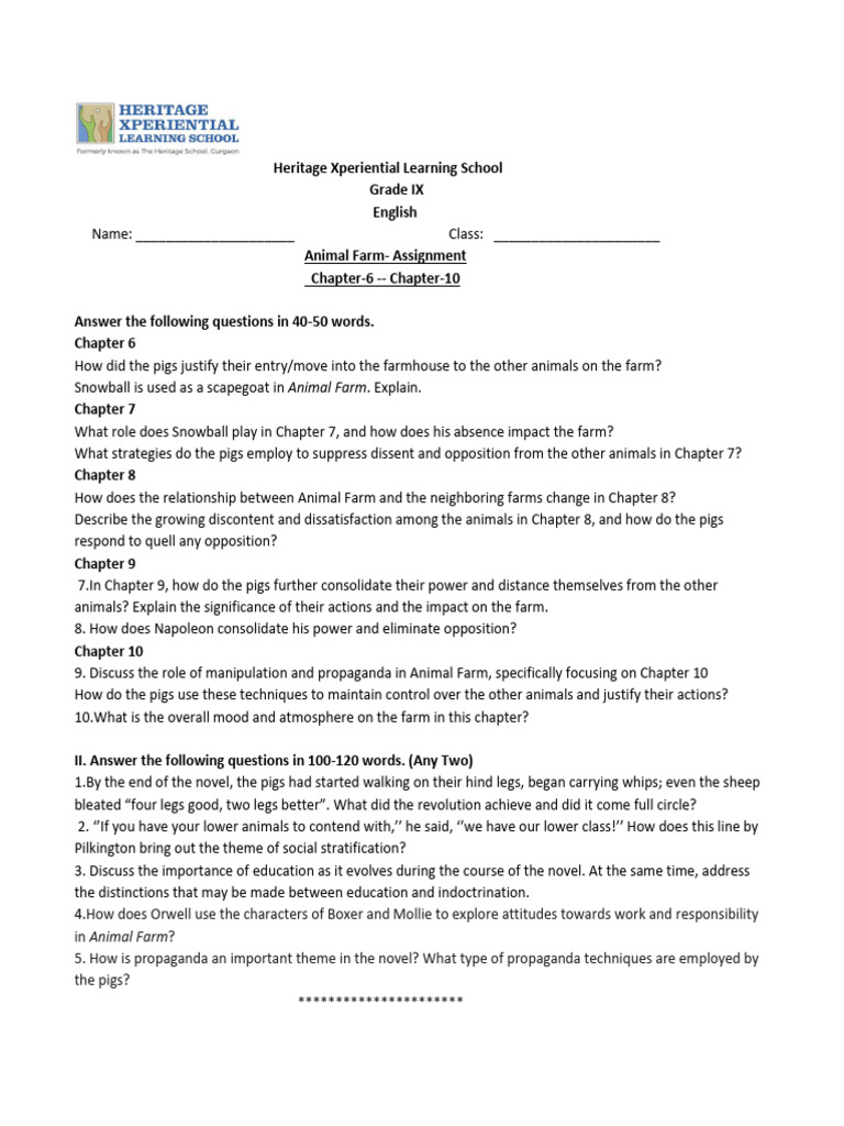 Animal Farm - Assignment - IX-23-24 (6-10) | PDF