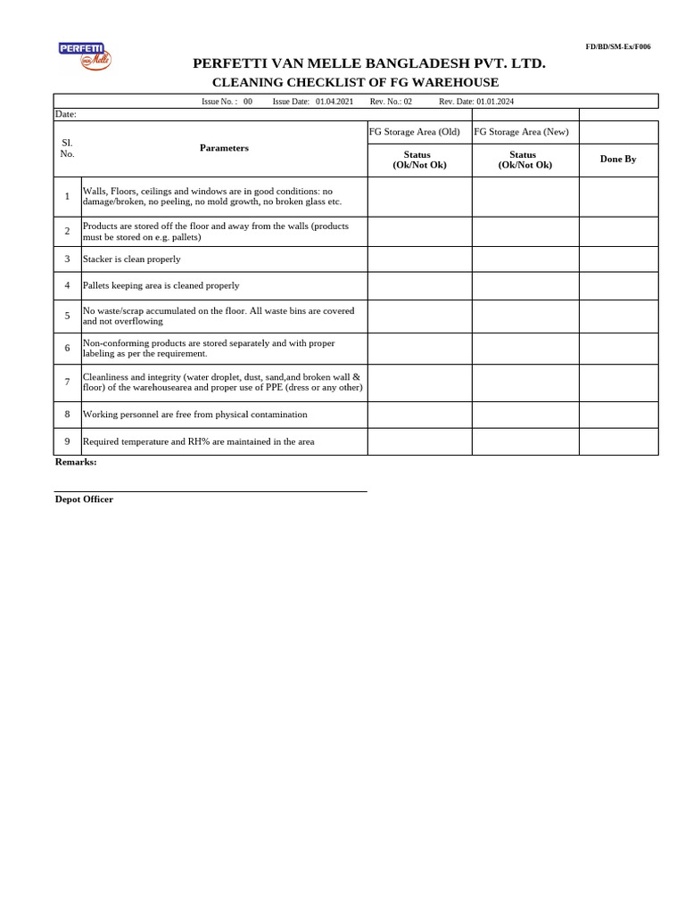 FG Warehouse Cleaning Checklist | PDF | Warehouse