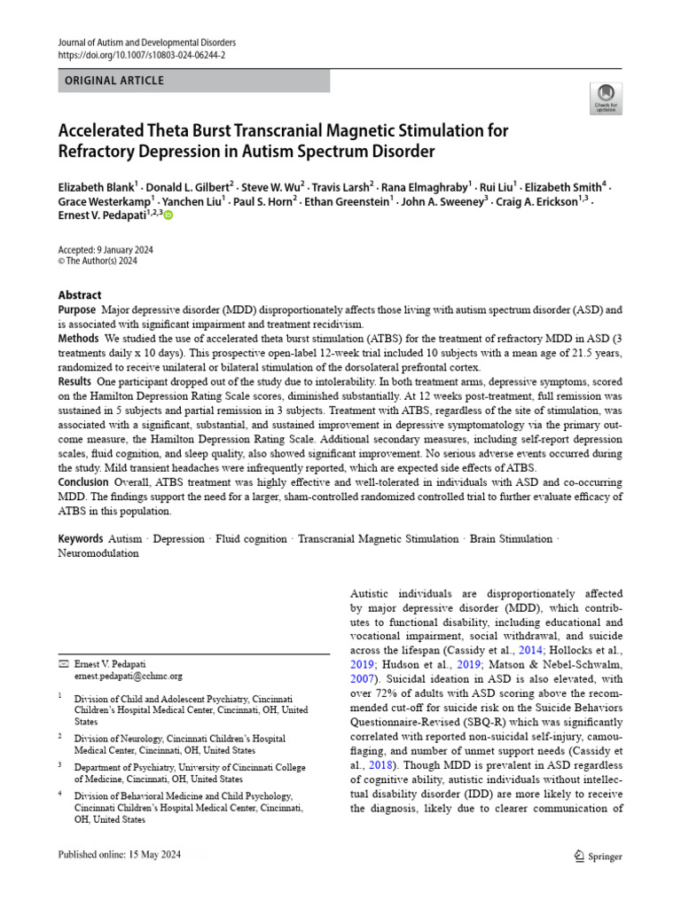 Accelerated Theta Burst Transcranial Magnetic Stimulation For Refractory Depression in Autism ...