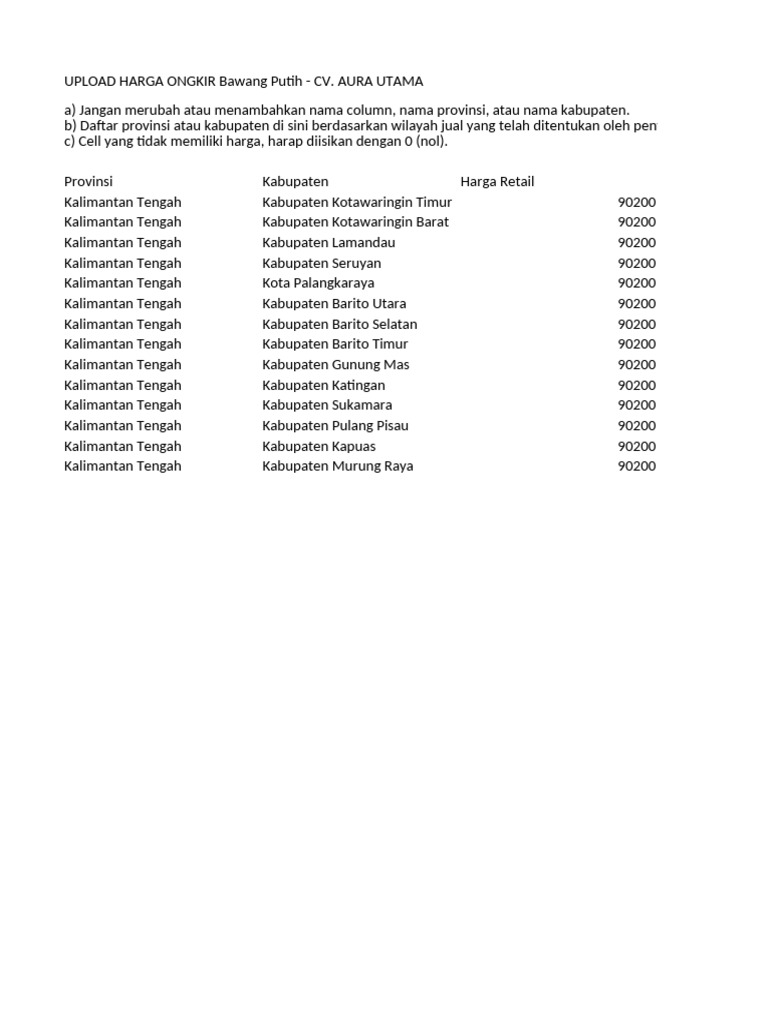 Template Harga Produk Bawang Putih - CV. AURA UTAMA | PDF