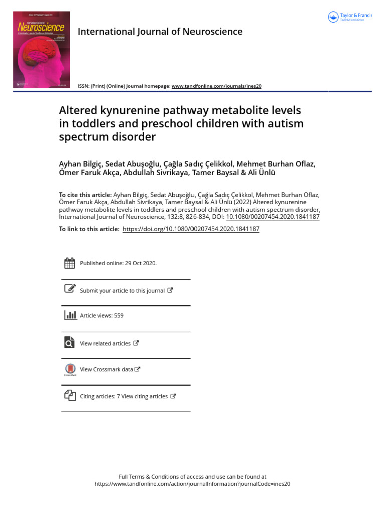 Altered Kynurenine Pathway Metabolite Levels in Toddlers and Preschool Children With Autism ...