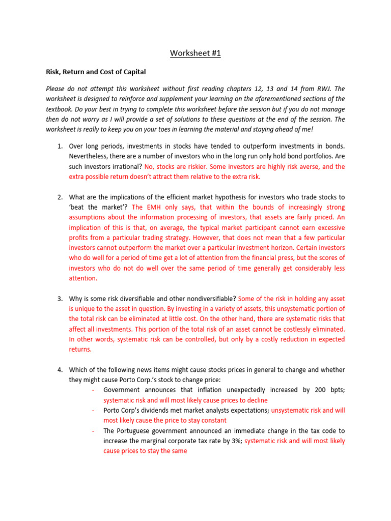 Worksheet 1 | PDF | Capital Asset Pricing Model | Standard Deviation