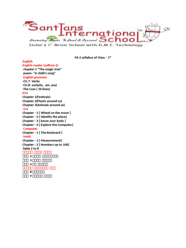 Class 1st Syllabus | PDF