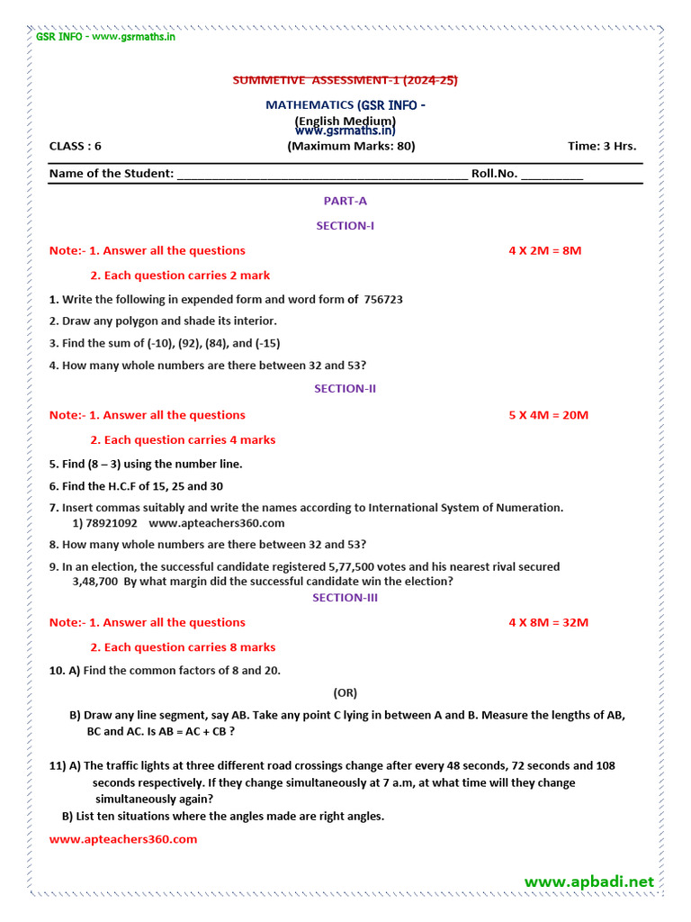 6th Class SA 1 Maths Model Paper 4 GSR INFO-www.gsrmaths.in | PDF | Perpendicular | Elementary ...
