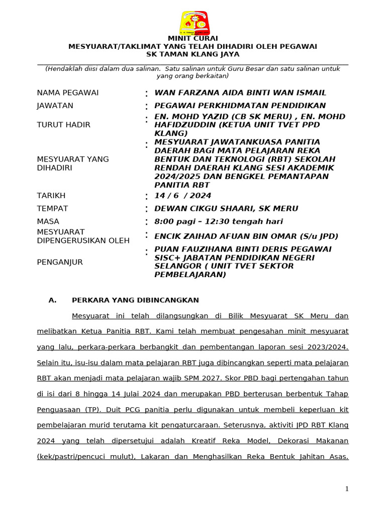 Minit Curai Mesyuarat RBT JPD Klang | PDF