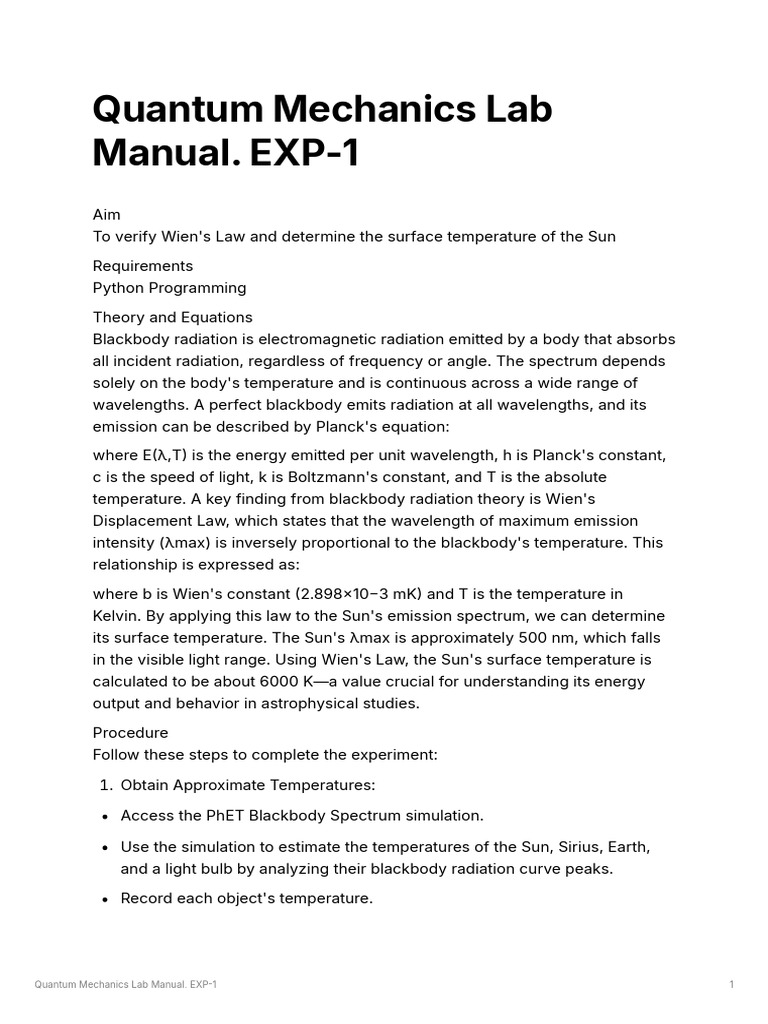 Quantum Mech Manual Exp1 | PDF | Electromagnetic Spectrum | Physical Quantities