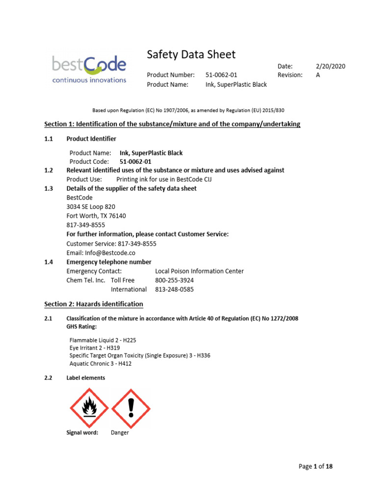 51-0062-01 Ink, SuperPlastic Black, SDS | PDF | Occupational Safety And ...
