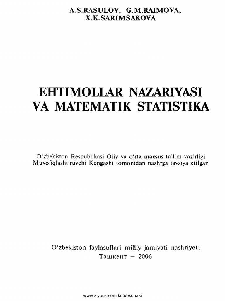 Ehtimollar Nazariyasi Va Matematik Statistika (A.rasulov Va B.) | PDF