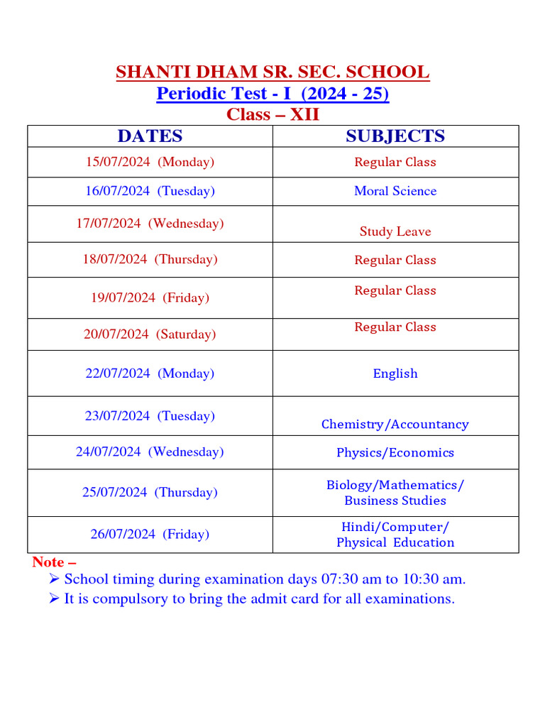Class XII Exam Time Table | PDF