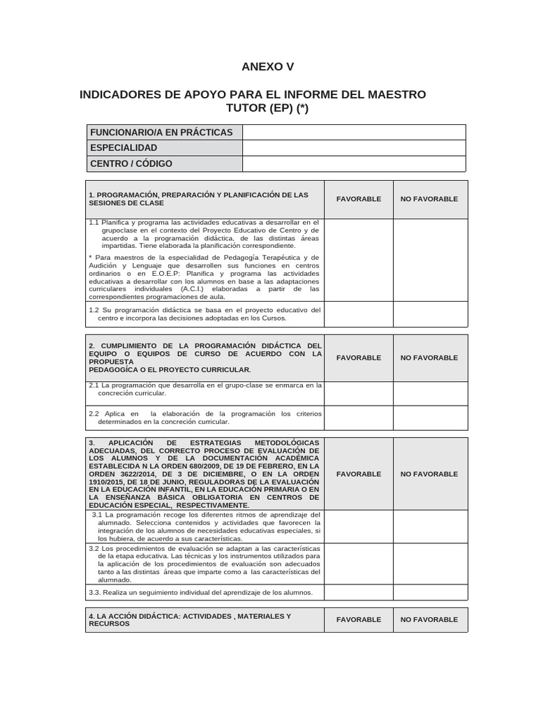 ANEXO V - Indicadores Informe Tutor - 1740300 | PDF | Evaluación | Educación primaria