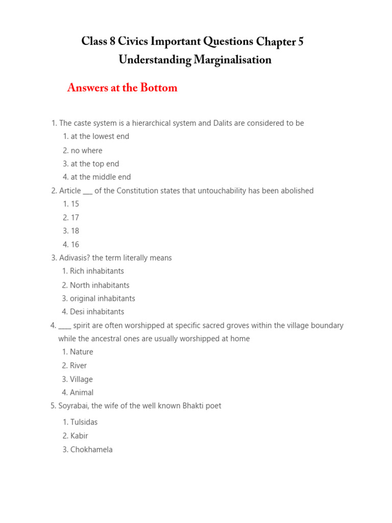 Important Questions Class 8 Civics Chapter 5 1 | PDF | Dalit | South Asia