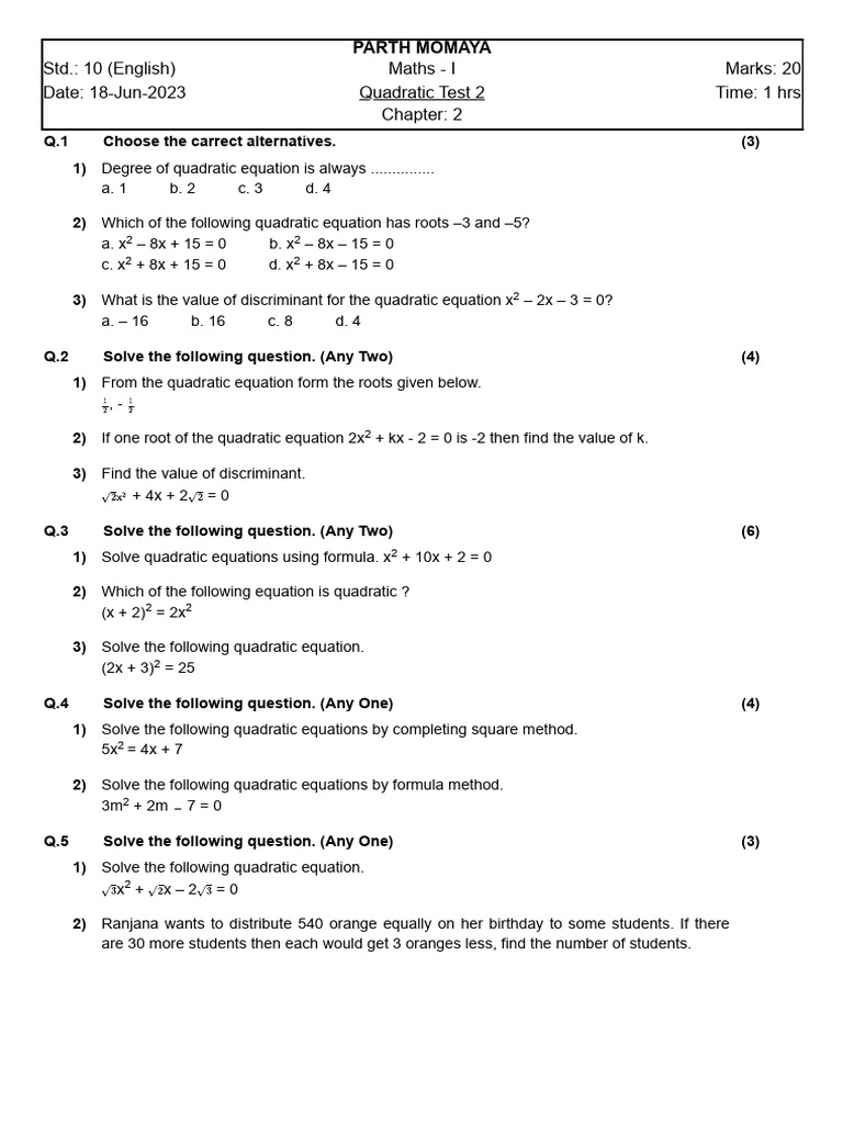 Quadratic - Equations Test-2 | PDF