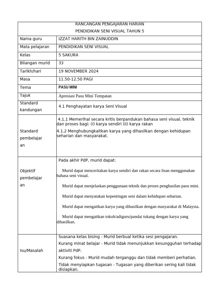 RANCANGAN PENGAJARAN HARIAN APRESIASI PASU MINI | PDF