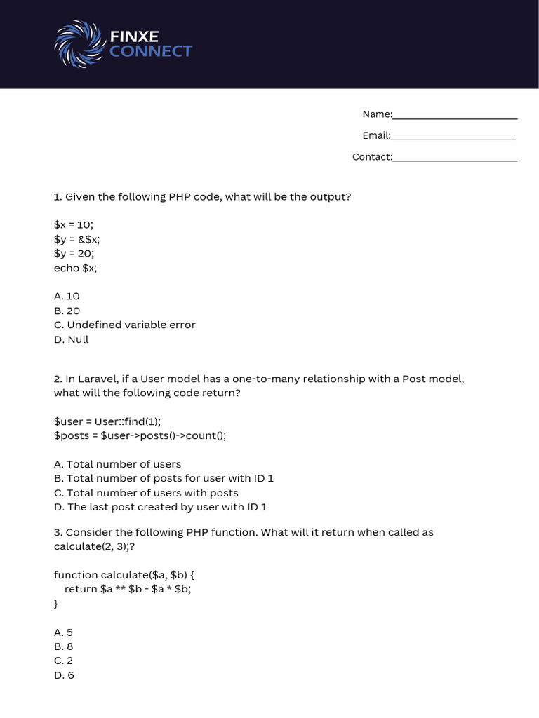 MCQ Assessment for Laravel Junior Developer Role at Finxe Connect | PDF ... MCQ Assessment for Laravel Junior Developer Role at Finxe Connect | PDF ...