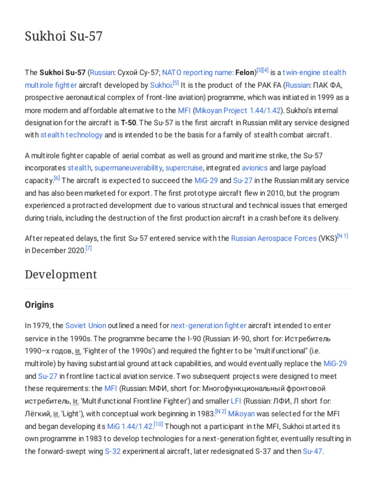 Sukhoi Su-57 - Wikipedia | PDF | Aircraft | Aerospace