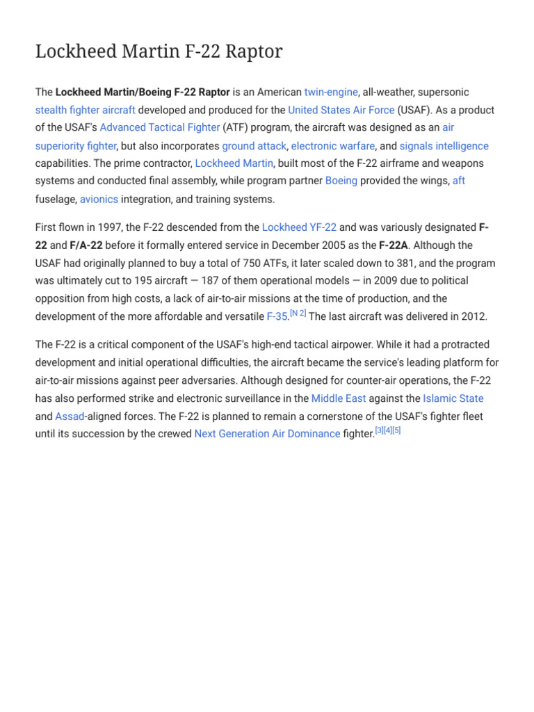 Lockheed Martin F-22 Raptor - Wikipedia | PDF | Aviation | Aircraft