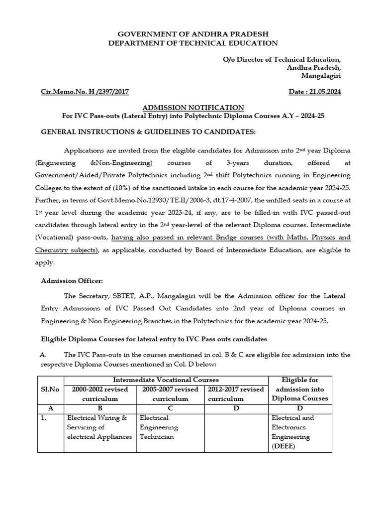 IVC Admissions Notification 2024 | PDF | Vocational Education | Diploma