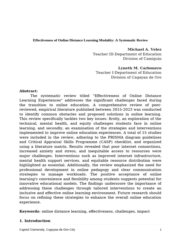Effectiveness of Online Distance Learning Modality Velezcarbonero | PDF ...