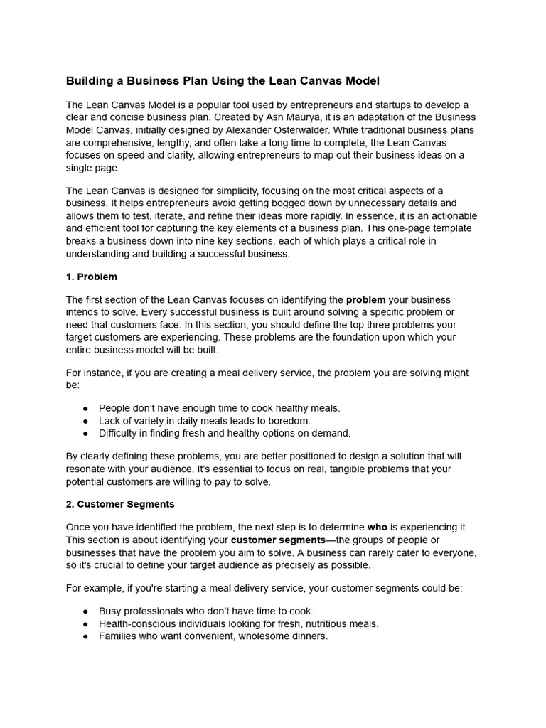 Building A Business Plan Using The Lean Canvas Model | PDF | Lean ...