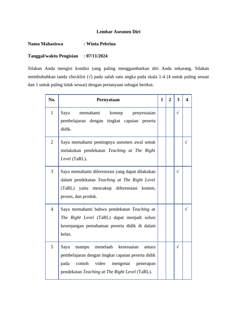 Lembar Asesmen Diri Eksplorasi Konsep T3.2 | PDF