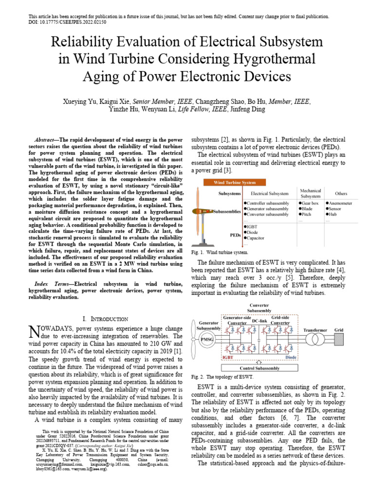 Reliability Evaluation of Electrical Subsystem in Wind Turbine Considering Hygrothermal Aging of ...