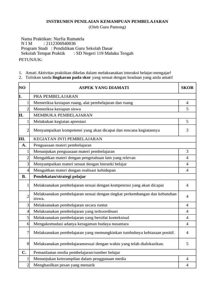 INSTRUMEN PENILAIAN KEMAMPUAN PEMBELAJARAN (Dospem) | PDF