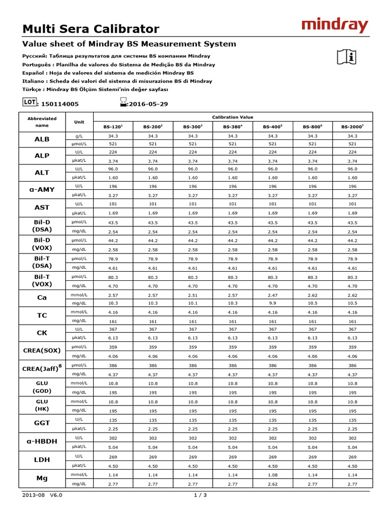 Multi Sera Calibrator: Value Sheet of Mindray BS Measurement System | PDF