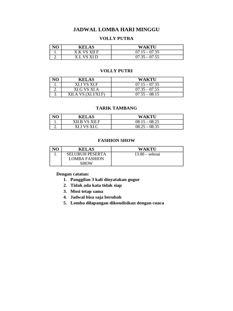 Jadwal Lomba Hari Minggu | PDF
