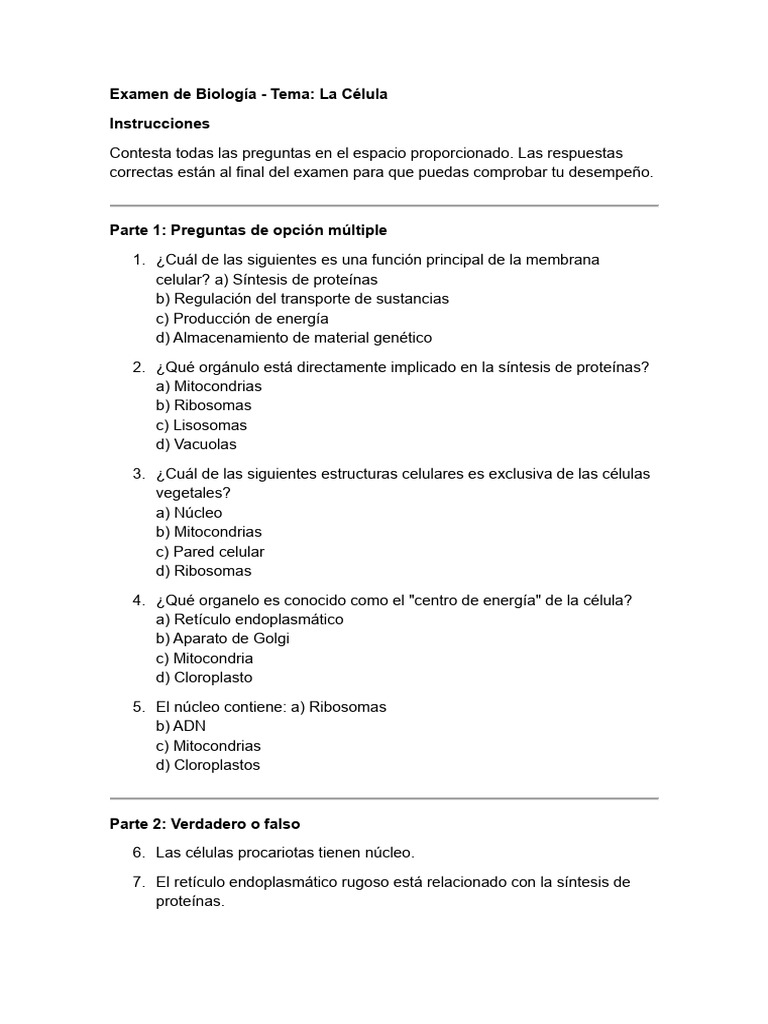 Examen de Biología: La Célula | PDF | Biología Celular) | Biotecnología