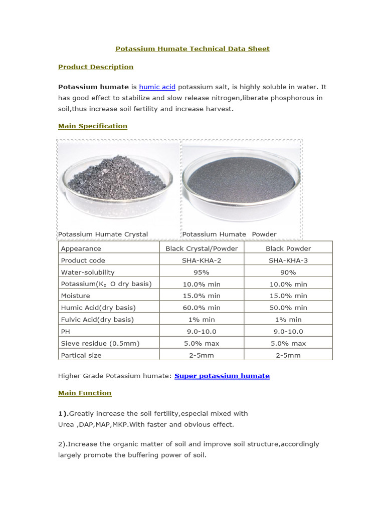 Potassium Humate Technical Data Sheet | PDF | Soil | Horticulture