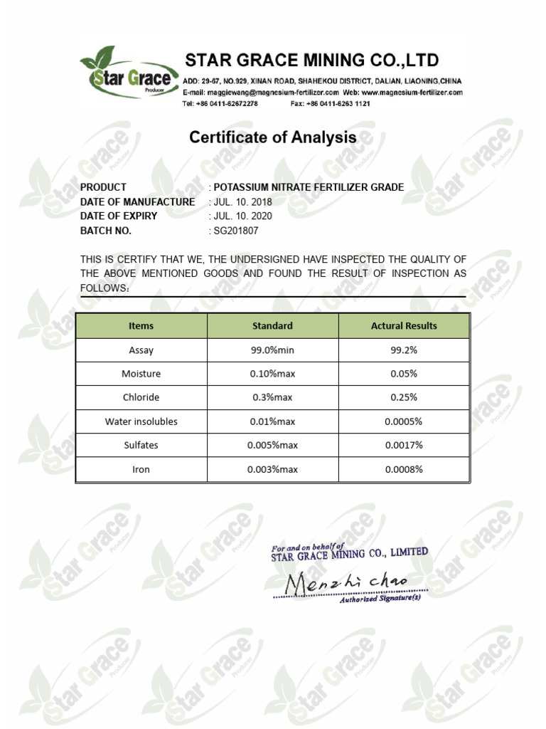 Star Grace Potassium Nitrate Fertilizer Grade Coa | PDF