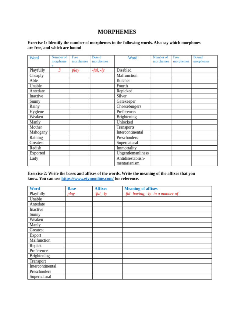 Morpheme Analysis Exercises and Definitions | PDF | Grammar ...