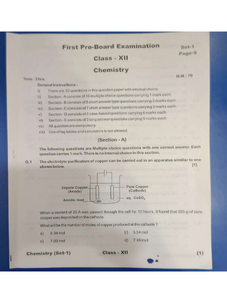 Chemistry First Pre Board Set 1 - Organized | PDF