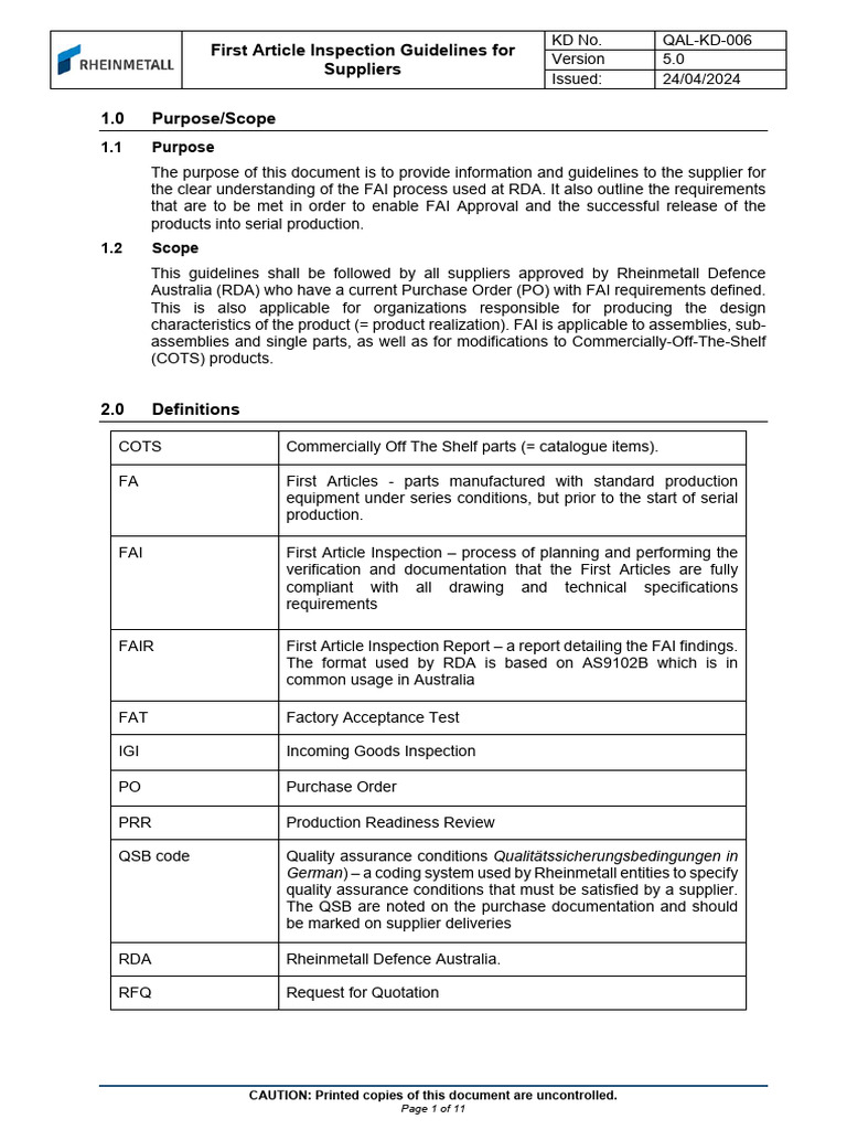 First Article Inspection Guidelines | PDF | Specification (Technical ...