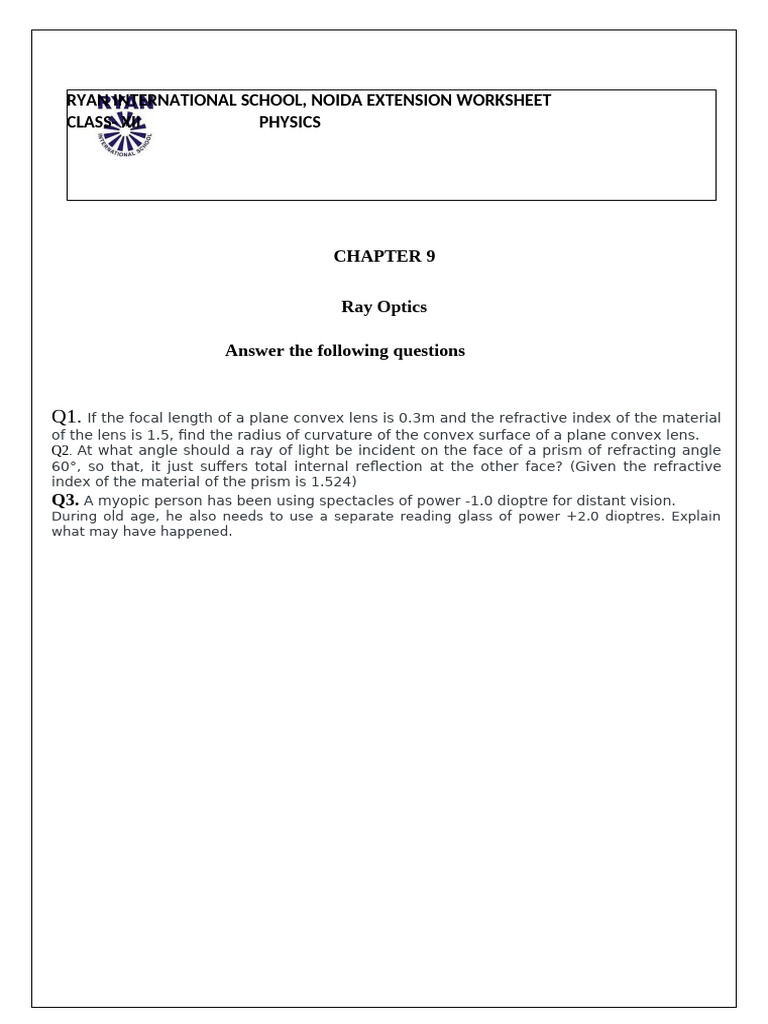 Ray Optics Questions for Class XII Physics | PDF