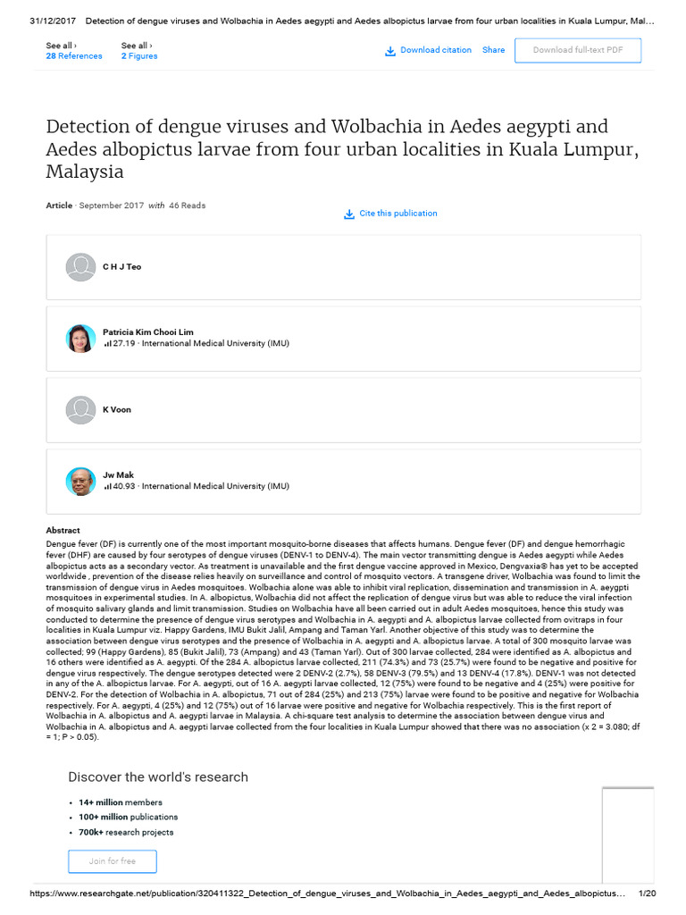 Detection of dengue viruses and Wolbachia in Aedes aegypti and Aedes albopictus larvae from four ...
