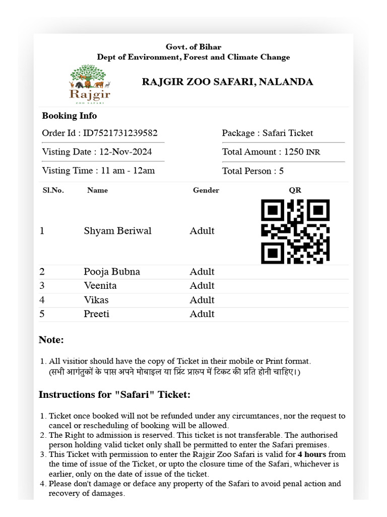 ID7521731239582 - Rajgir Zoo Safari Ticket | PDF | Environmental Protection