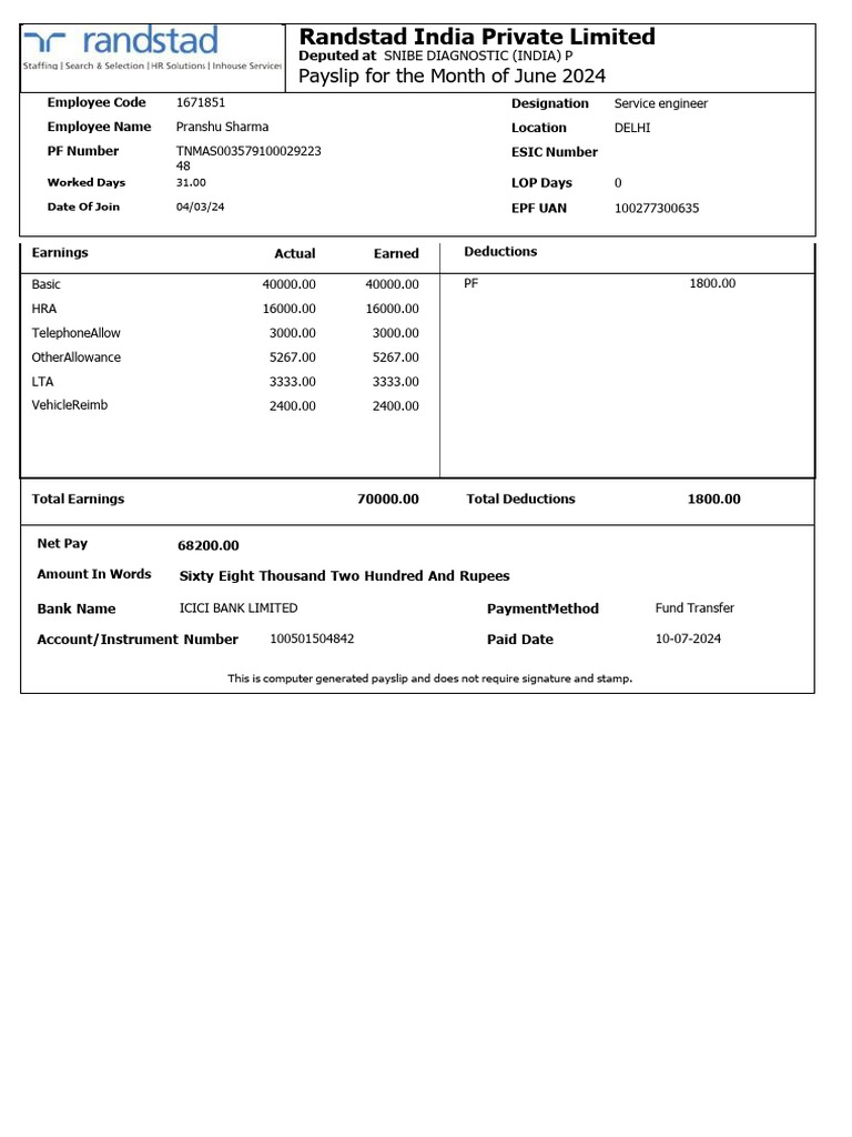 June Payslip Ranstad - 2024 | PDF