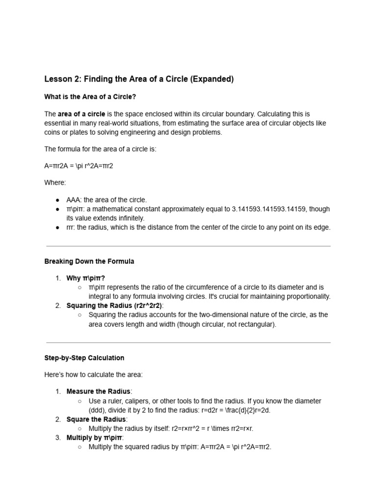 Lesson 2_ Finding the Area of a Circle (Expanded) | PDF | Area | Pi