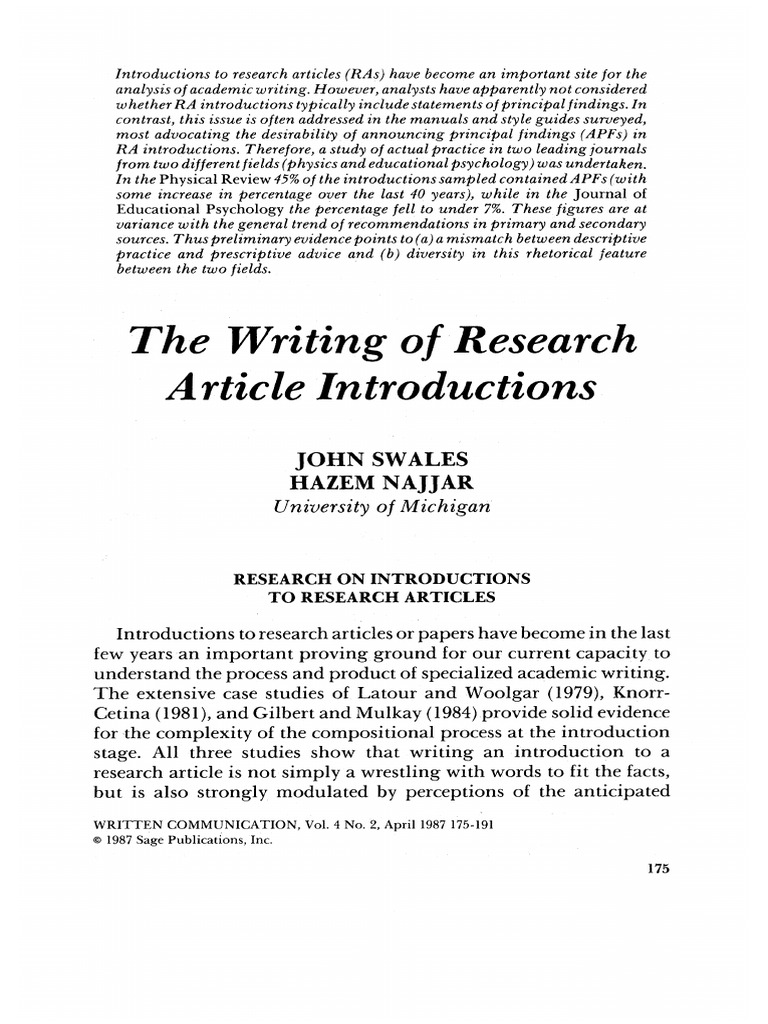 The Writing of Research Article Introductions | PDF