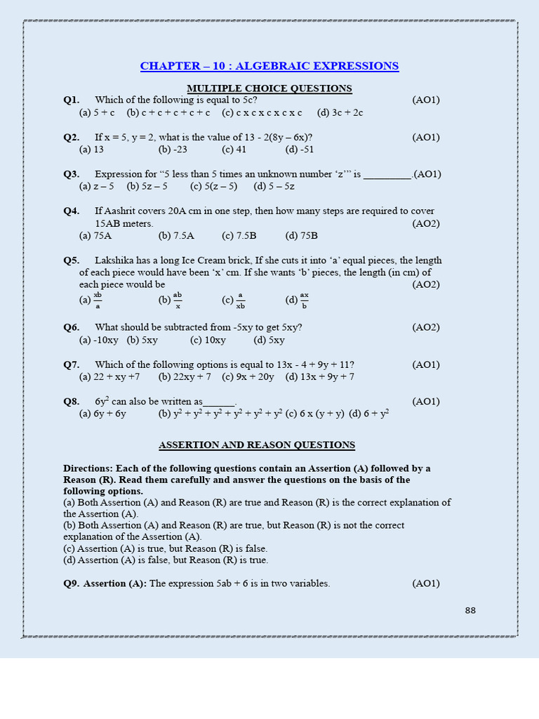 Algebraic Expressions Worksheet | PDF | Mathematics