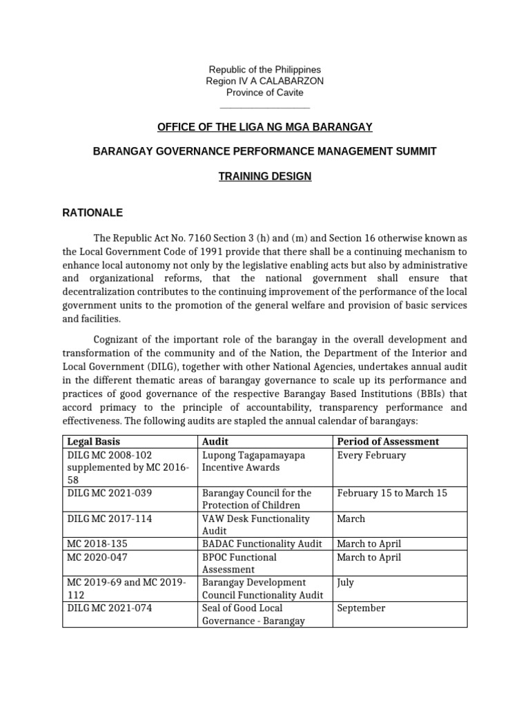 Activity Design Barangay Governance Performance Management Summit | PDF ...